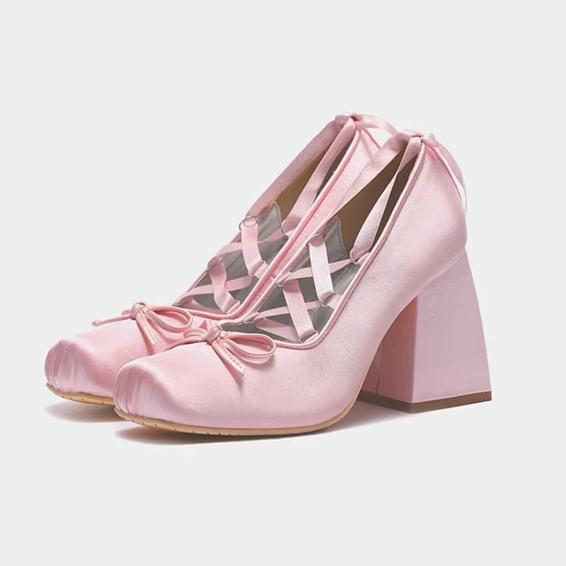 Kawaii Balletcore Coquette Dollette Aesthetic Square Toe Chunky Heel S ...