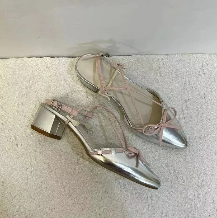 Womens Coquette Aesthetic Pointed Silver Block Heel Sandals – The ...