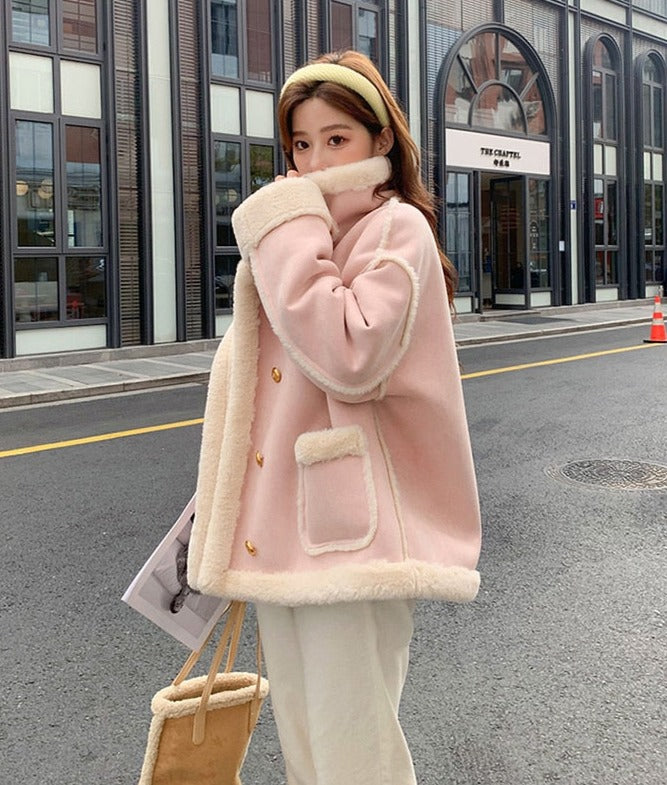 Korean Coquette Aesthetic Ladies Pink Winter Jacket Shearling Coat ...