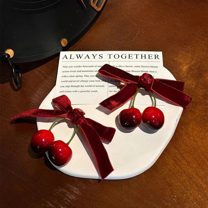 Womens Dark Red Velvet Bow Cherry Hair Clip – The Kawaii Factory