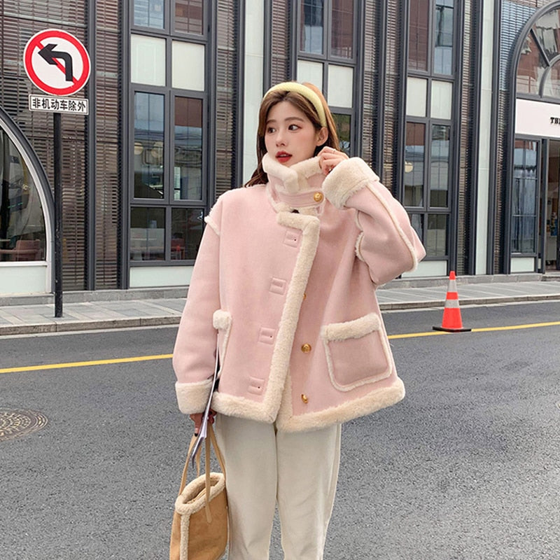 Korean Coquette Aesthetic Ladies Pink Winter Jacket Shearling Coat ...