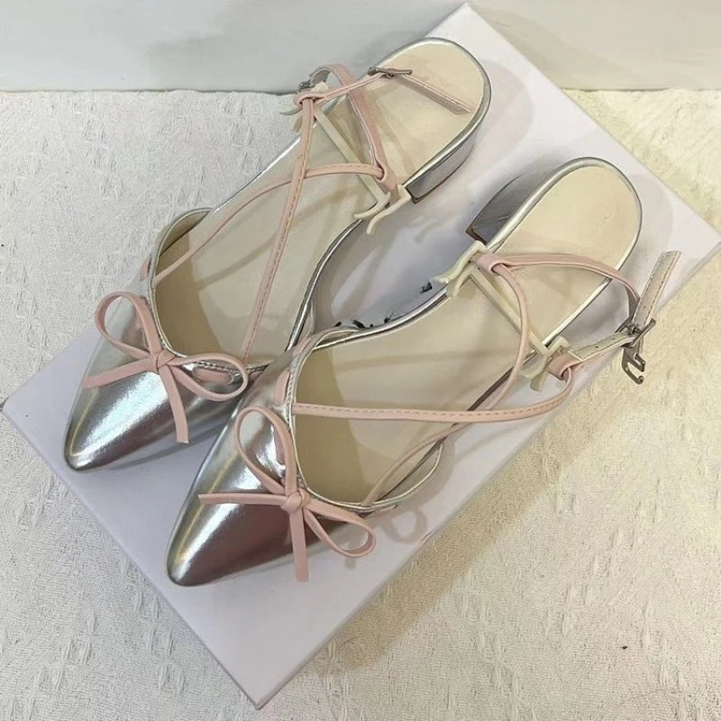 Womens Coquette Aesthetic Pointed Silver Block Heel Sandals – The ...