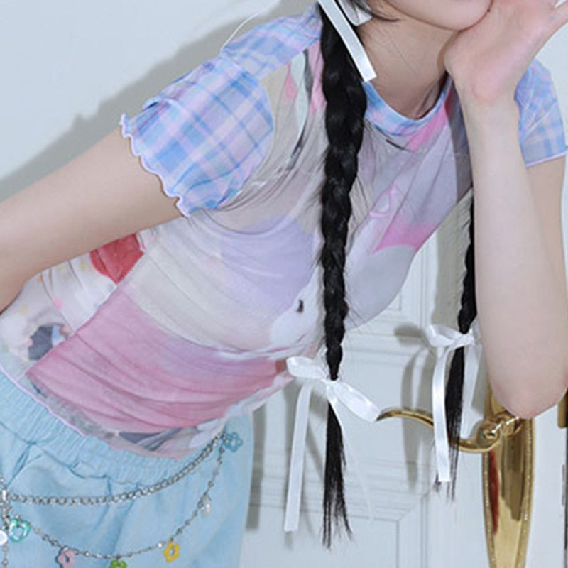 Harajuku Kawaii Aesthetic Pastel Y2K Bunny Print Mesh Tshirt – The ...