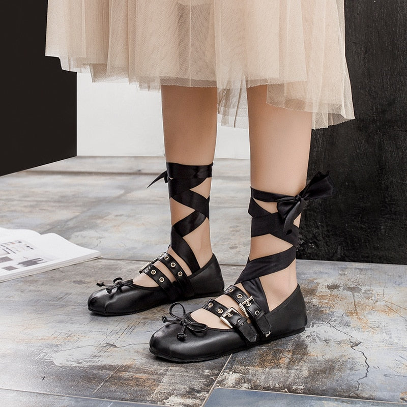 Balletcore Satin Lace Up Ballet Flats with Ribbon – The Kawaii Factory