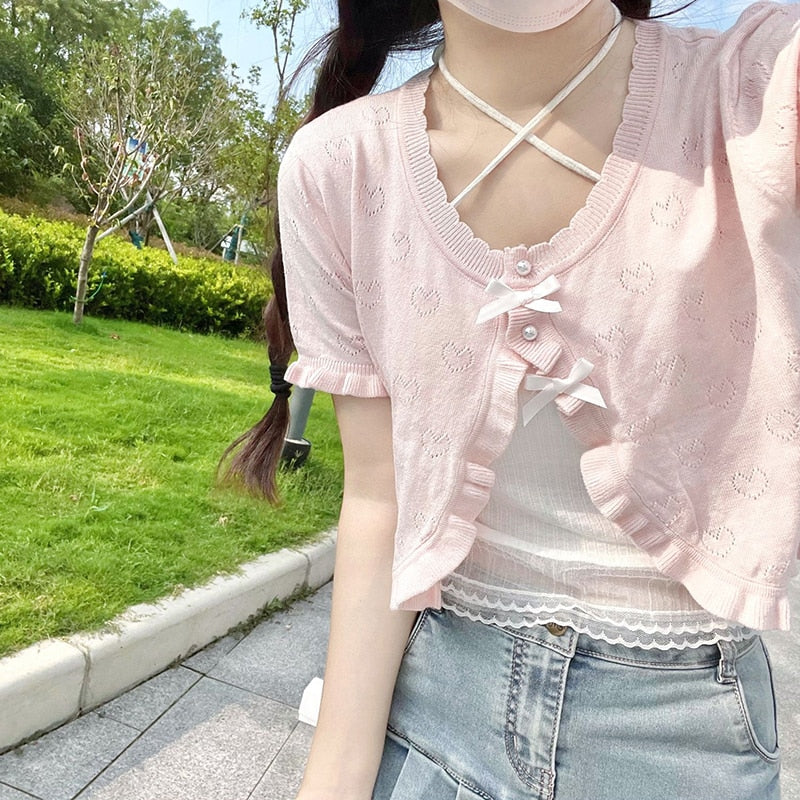 Harajuku Sweet Lolita Coquette Dollette Baby Pink Pointelle Heart Shor ...